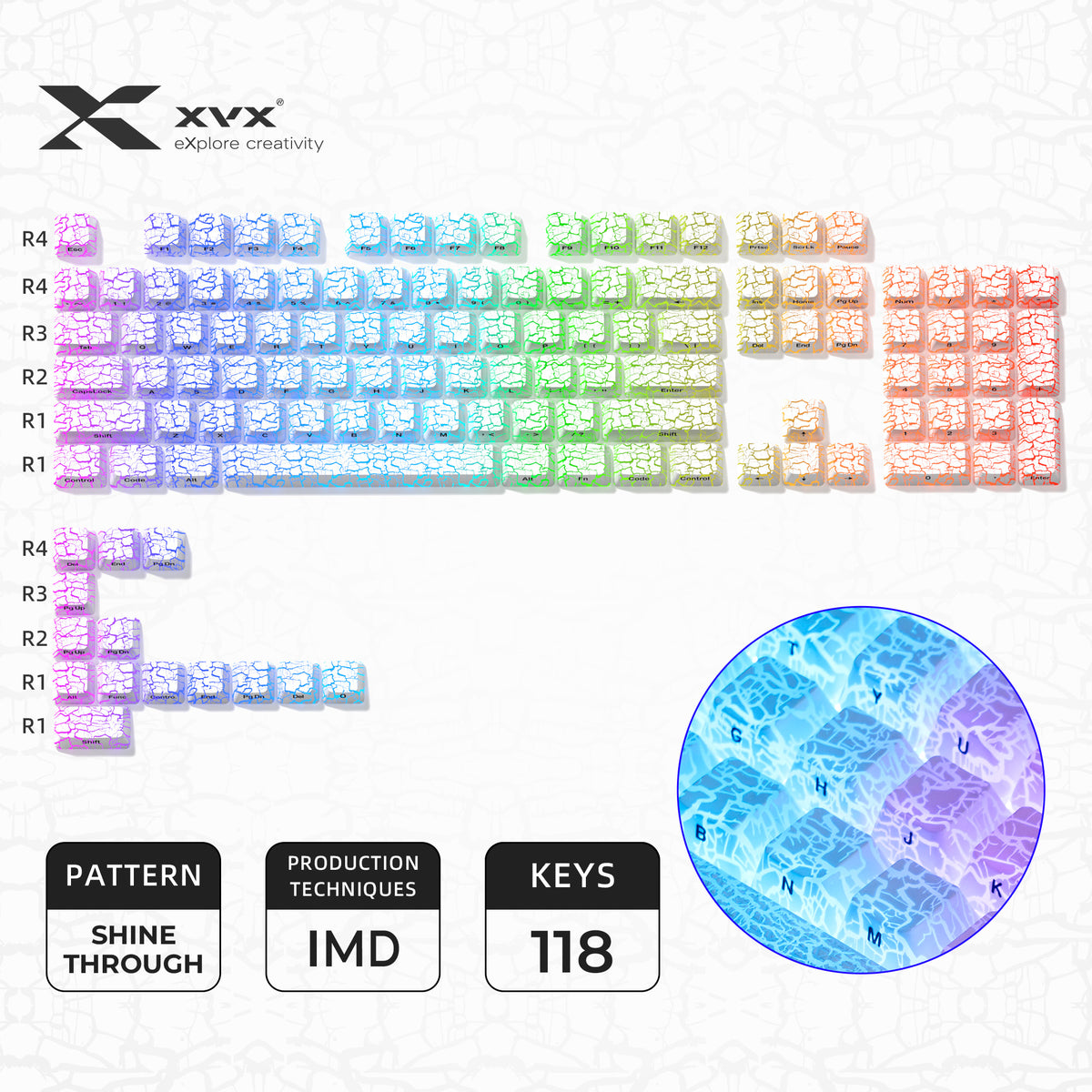 XVX Ice Crack series Pattern Shine-Through OEM Profile IMD-Tech Keycap ...